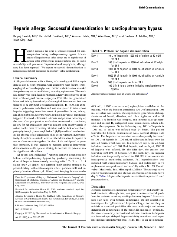(PDF) Heparin allergy: Successful desensitization for cardiopulmonary ...