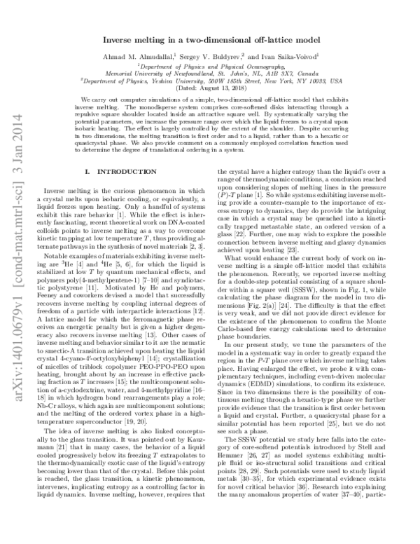 (PDF) Inverse melting in a two-dimensional off-lattice model