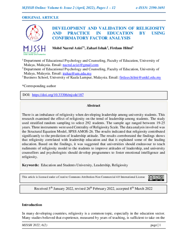 (PDF) Development and Validation of Religiosity and Practice in Education by Using Confirmatory ...