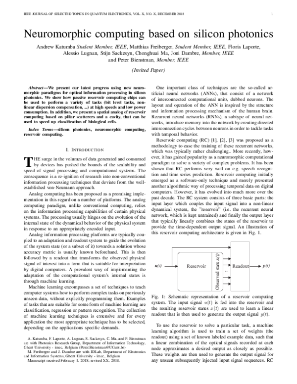 Pdf Neuromorphic Computing Based On Silicon Photonics And Reservoir Computing