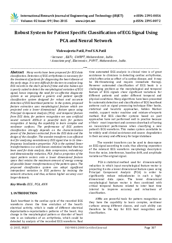 Pdf Robust System For Patient Specific Classification Of Ecg Signal Using Pca And Neural Network