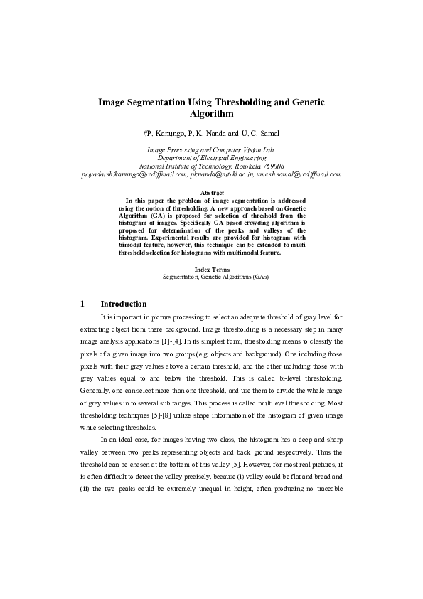 (PDF) Image segmentation using thresholding and genetic algorithm