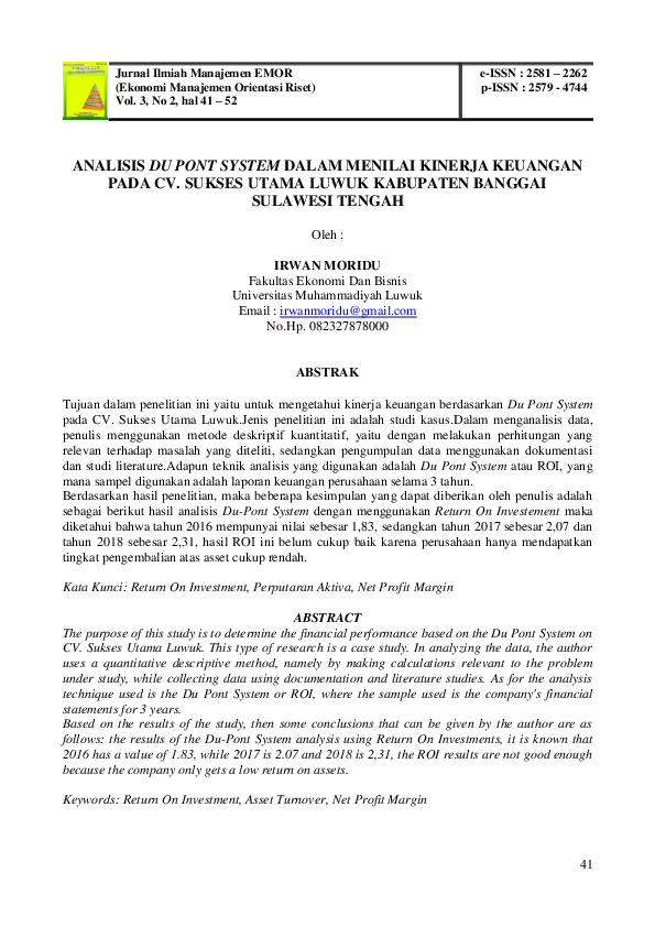 (PDF) Analisis Du Pont System Dalam Menilai Kinerja Keuangan Pada CV. Sukses Utama Luwuk ...