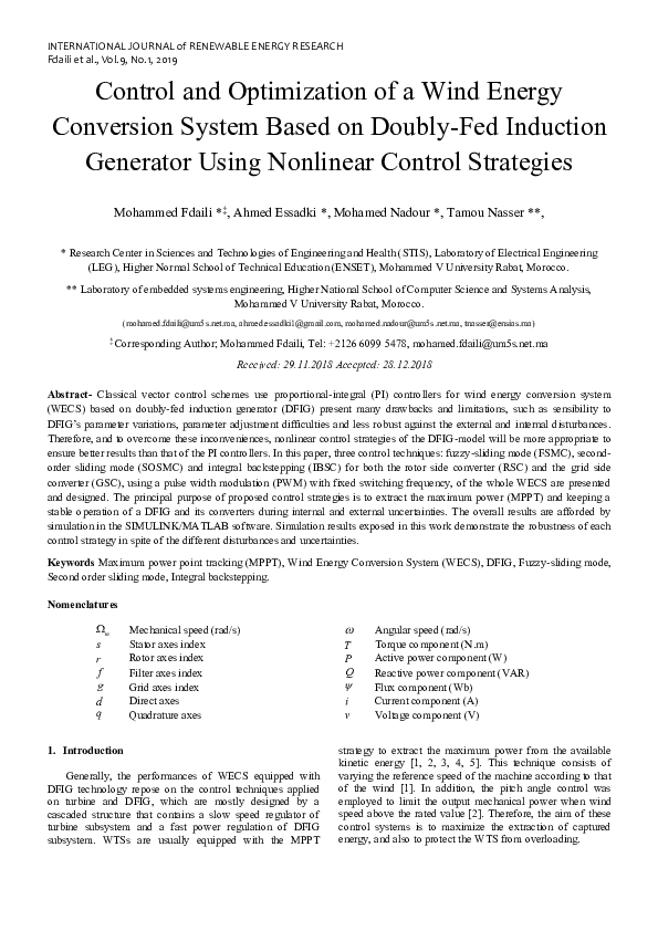 (PDF) Control and Optimization of a Wind Energy Conversion System Based on Doubly-Fed Induction ...