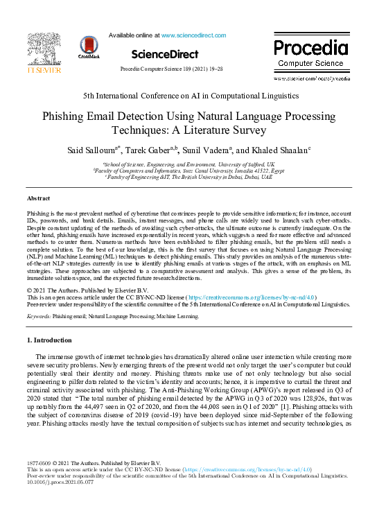 (PDF) Phishing Email Detection Using Natural Language Processing Techniques: A Literature Survey