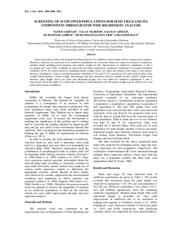 (PDF) Screening of Sunflower Populations for Seed Yield and Its Components Through Step-Wise ...
