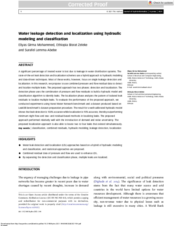 Pdf Water Leakage Detection And Localization Using Hydraulic Modeling And Classification