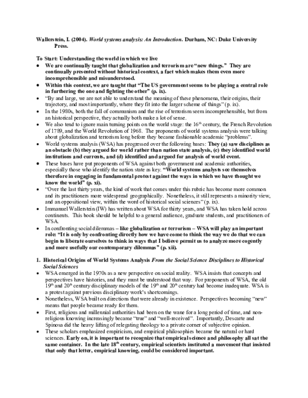 (DOC) Notes on Immanuel Wallerstein World Systems Analysis: An ...