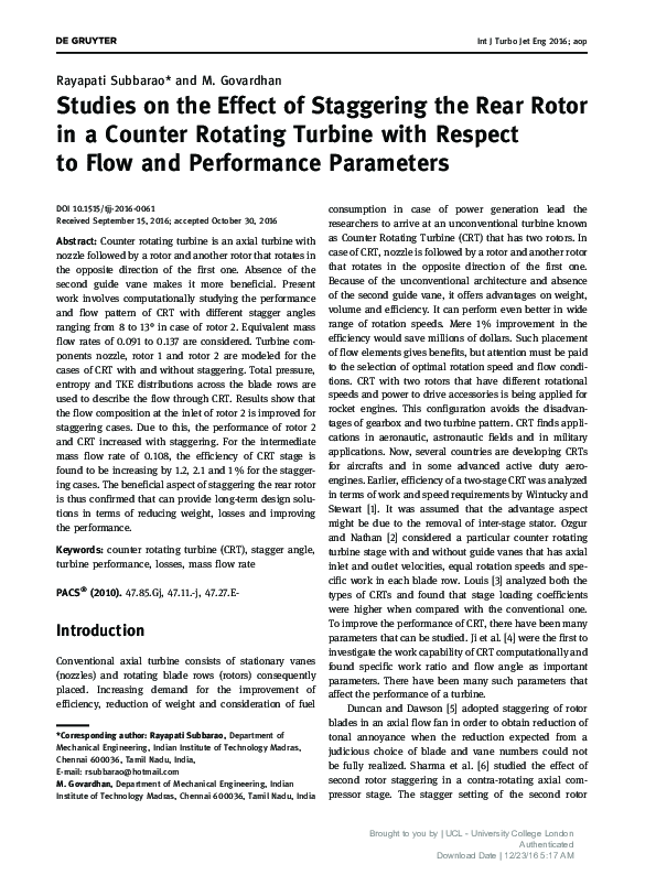 (PDF) Studies on the Effect of Staggering the Rear Rotor in a Counter Rotating Turbine with ...
