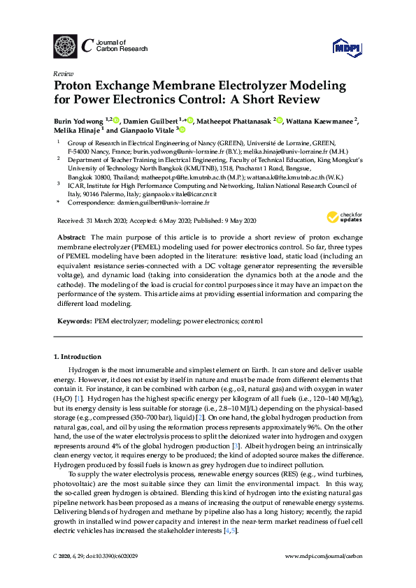 (PDF) Proton Exchange Membrane Electrolyzer Modeling for Power Electronics Control: A Short Review