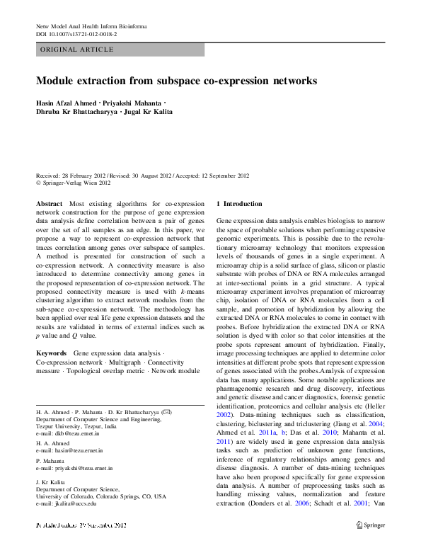 (PDF) Module extraction from subspace co-expression networks | Dhruba Kr Bhattacharyya ...