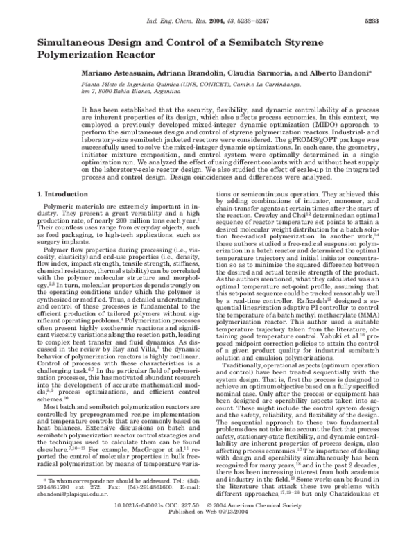 Pdf Simultaneous Design And Control Of A Semibatch Styrene