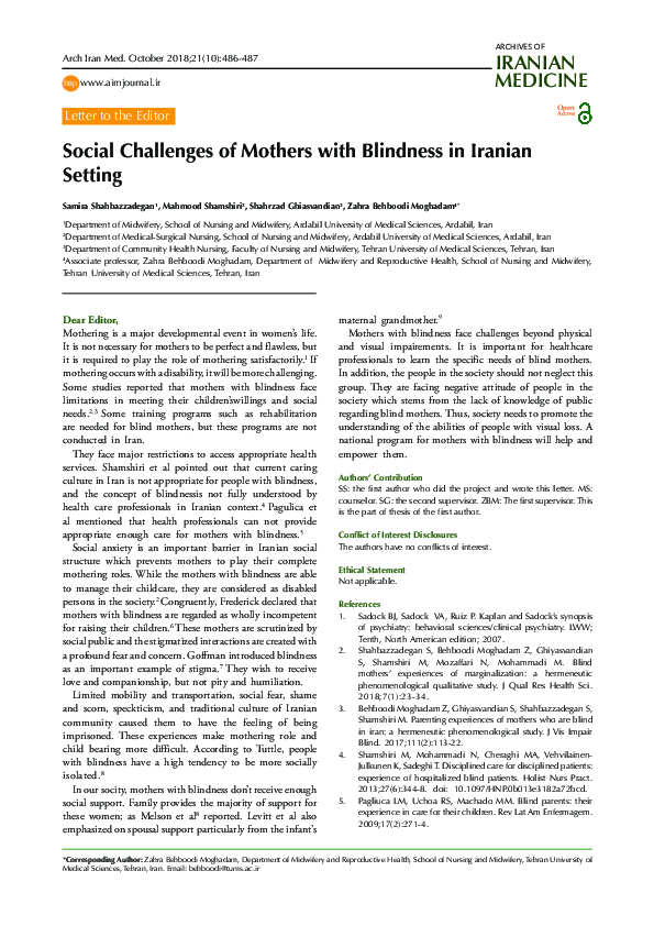 (PDF) Social Challenges of Mothers with Blindness in Iranian Setting ...