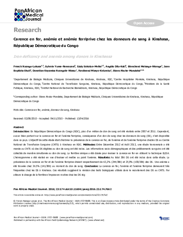 (PDF) Carence en fer, anémie et anémie ferriprive chez les donneurs de ...