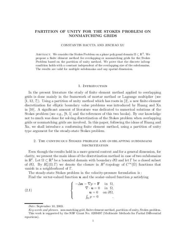 Pdf Partition Of Unity For The Stokes Problem On Nonmatching Grids Constantin Bacuta