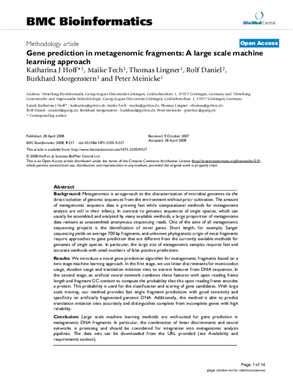 (PDF) Gene prediction in metagenomic fragments: A large scale machine learning approach