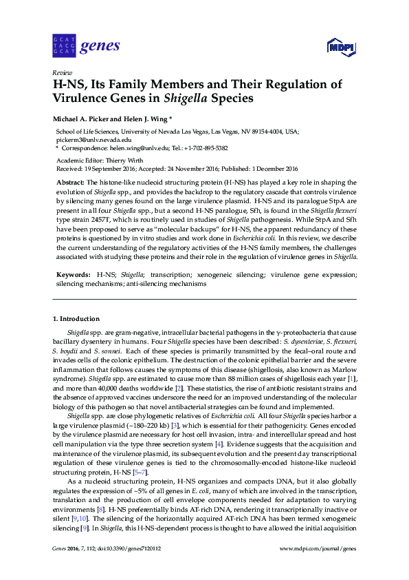 (PDF) H-NS, Its Family Members and Their Regulation of Virulence Genes in Shigella Species ...