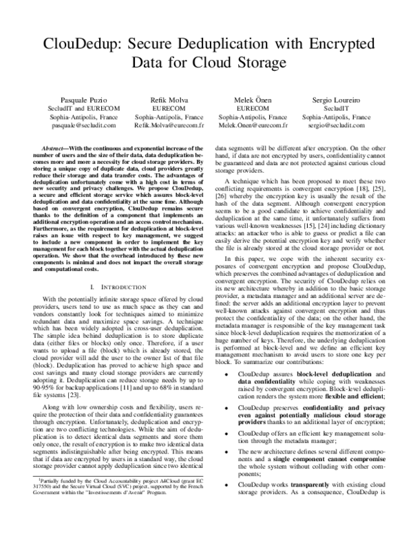 (PDF) ClouDedup: Secure Deduplication with Encrypted Data for Cloud Storage