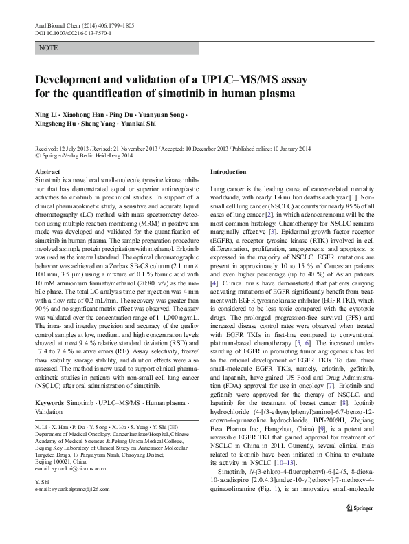 (PDF) Development and validation of a UPLC–MS/MS assay for the quantification of simotinib in ...