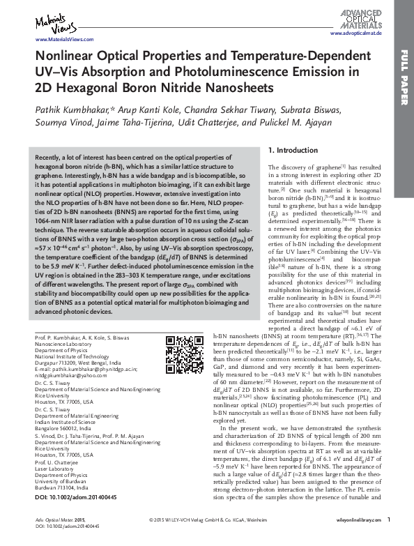 (PDF) Nonlinear Optical Properties and Temperature-Dependent UV-Vis Absorption and ...