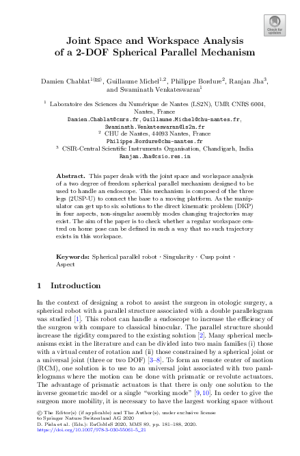 (PDF) Joint Space and Workspace Analysis of a 2-DOF Spherical Parallel Mechanism