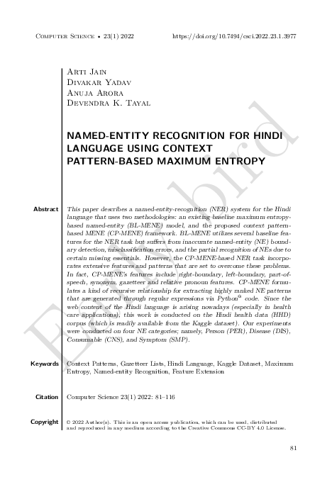 (PDF) Named-Entity Recognition for Hindi language using context pattern ...