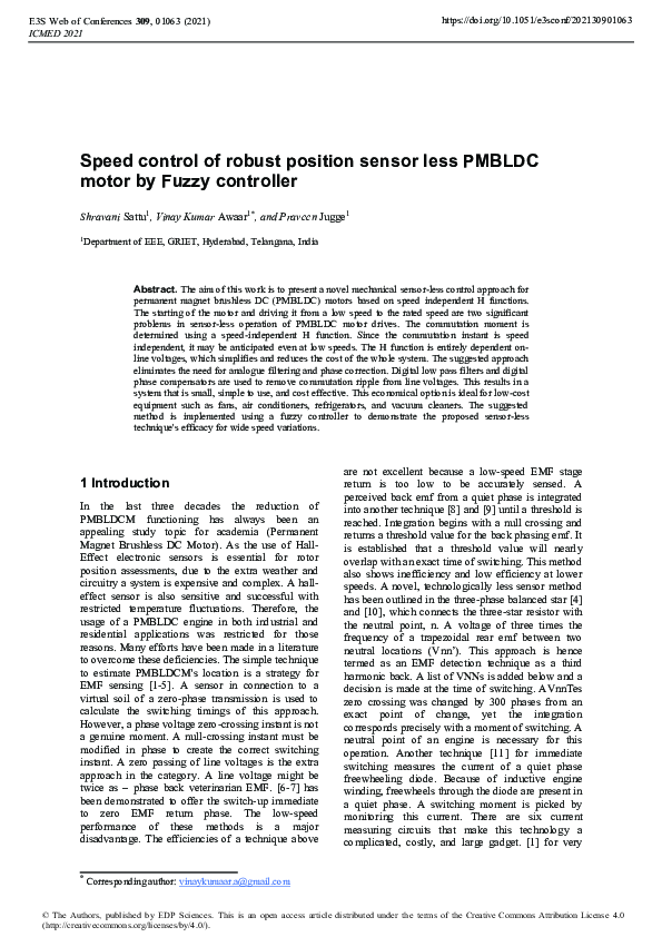 (PDF) Speed control of robust position sensor less PMBLDC motor by Fuzzy controller