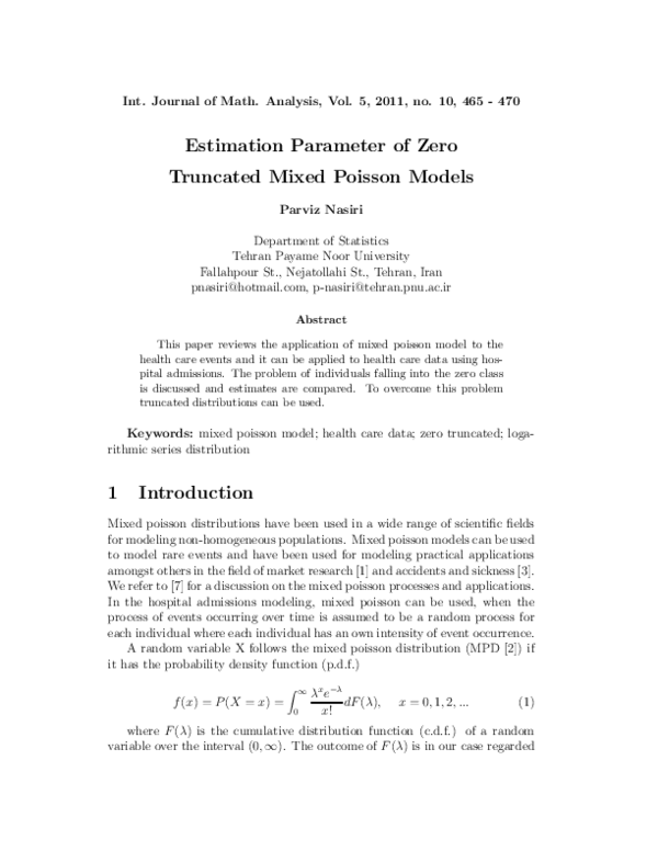 (PDF) Estimation Parameter of Zero Truncated Mixed Poisson Models