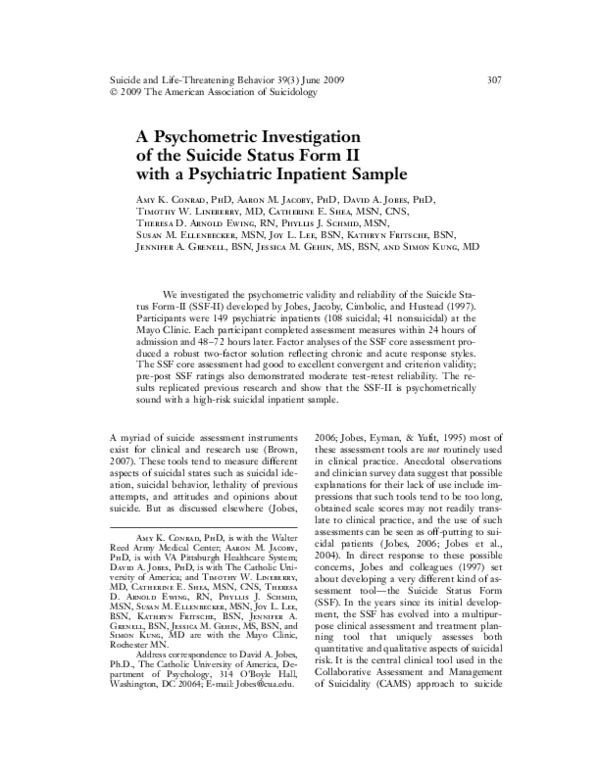(PDF) A Psychometric Investigation of the Suicide Status Form II with a ...