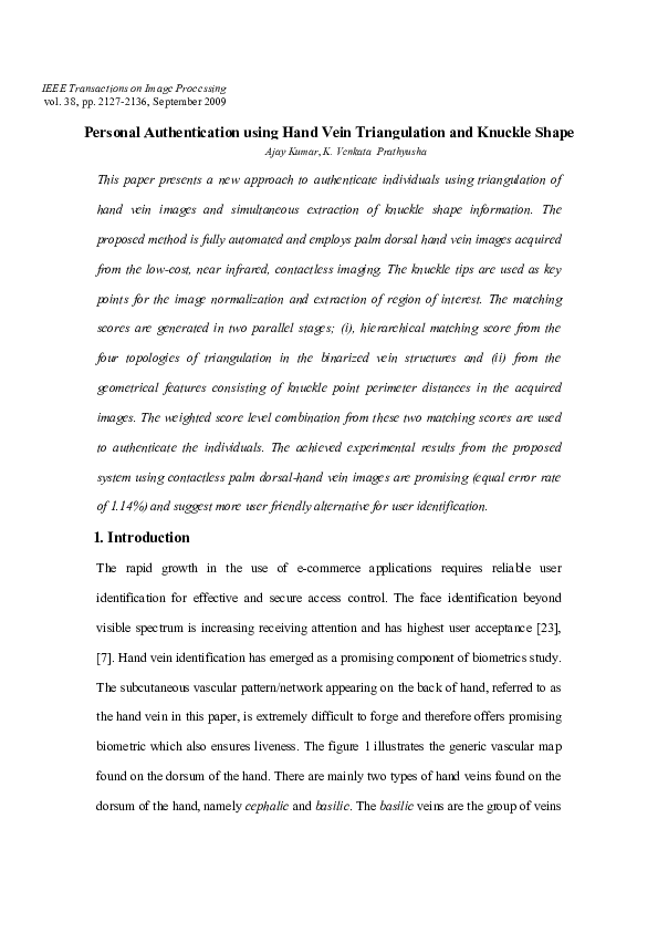 (PDF) Personal Authentication Using Hand Vein Triangulation and Knuckle Shape