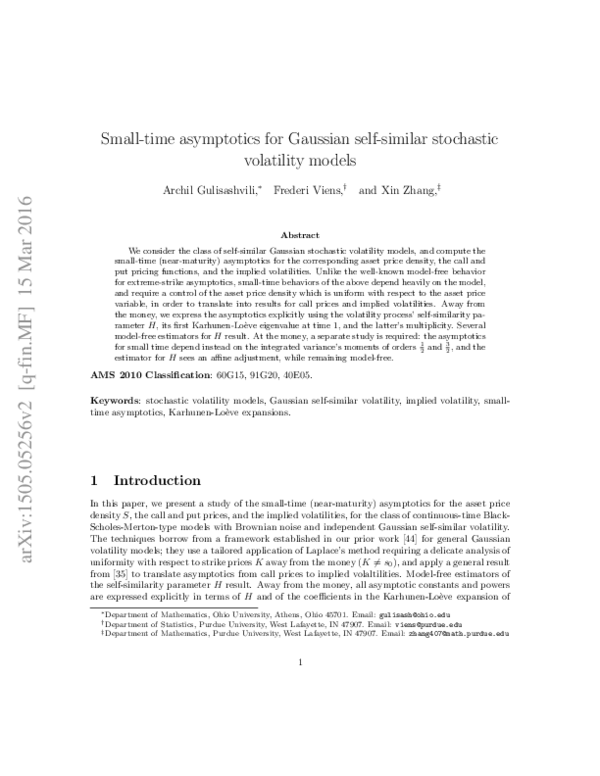 Pdf Small Time Asymptotics For Gaussian Self Similar Stochastic Volatility Models