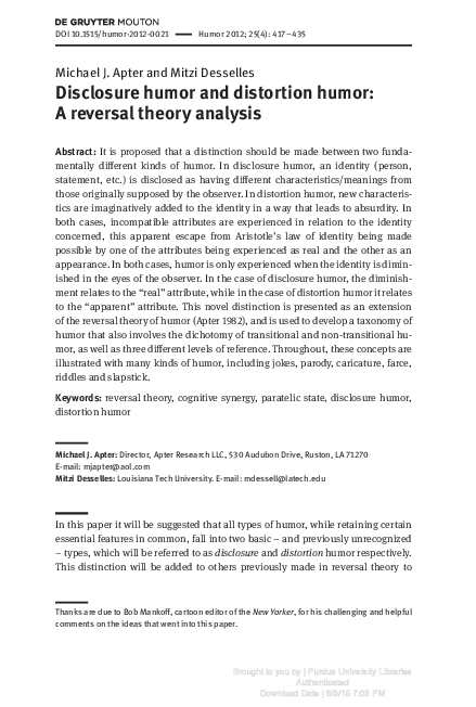 (PDF) Disclosure humor and distortion humor: A reversal theory analysis