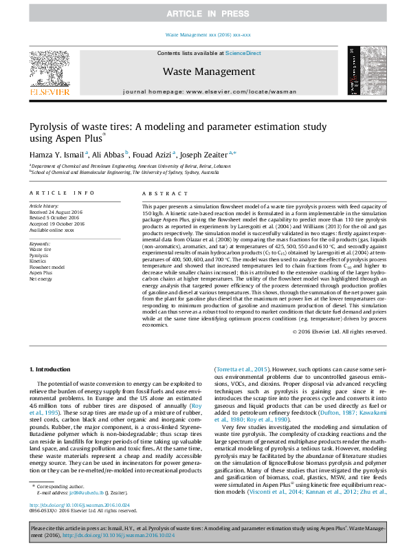 (PDF) Pyrolysis of waste tires: A modeling and parameter estimation ...