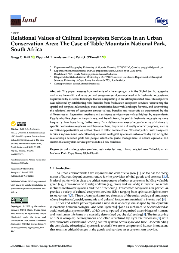 (PDF) Relational Values of Cultural Ecosystem Services in an Urban Conservation Area: The Case ...