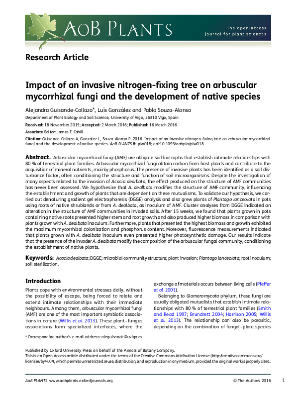 (PDF) Impact of an invasive N2-fixing tree on arbuscular mycorrhizal fungi and development of ...