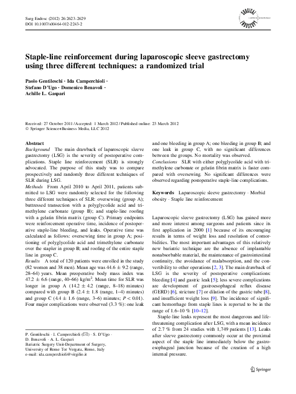 (PDF) Staple-line reinforcement during laparoscopic sleeve gastrectomy ...