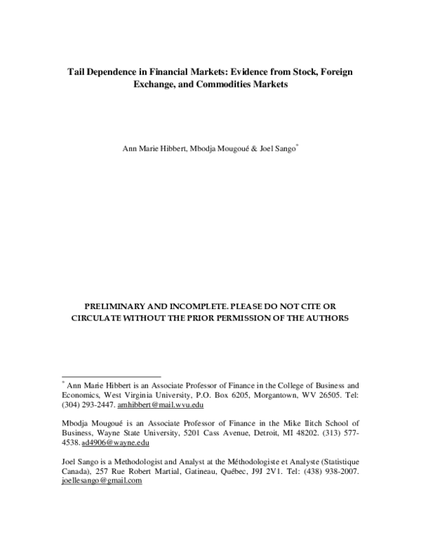 (PDF) Tail Dependence in Financial Markets : Evidence from Stock , Foreign Exchange , and ...