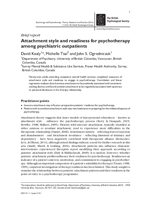 (PDF) Attachment style and readiness for psychotherapy among ...