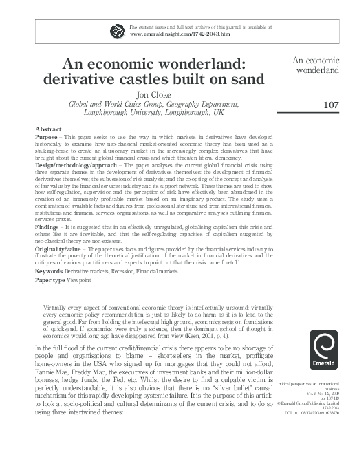 (PDF) An economic wonderland: derivative castles built on sand, Jon Cloke