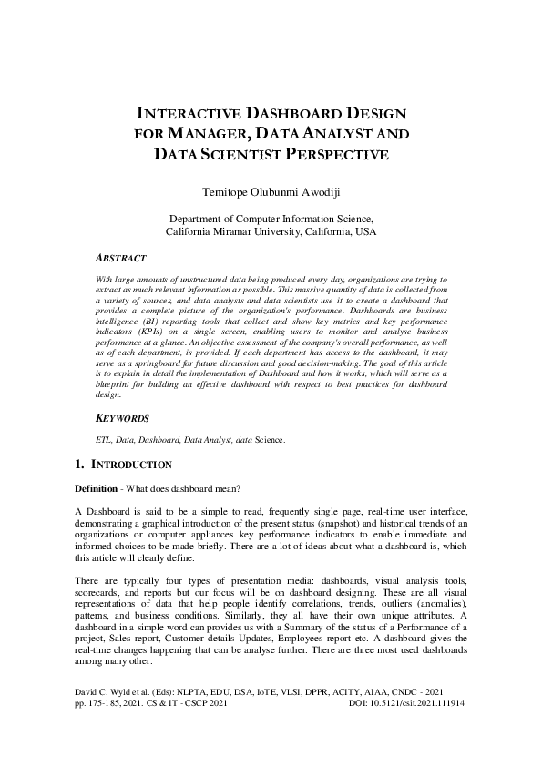 (PDF) INTERACTIVE DASHBOARD DESIGN FOR MANAGER, DATA ANALYST AND DATA ...