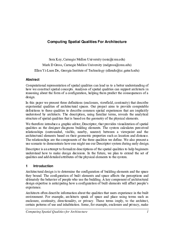(PDF) Spatial Qualities for Architecture 1 Computing Spatial Qualities ...