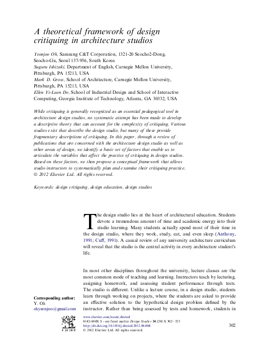 (PDF) A theoretical framework of design critiquing in architecture studios