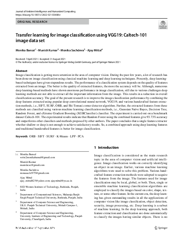 (PDF) Transfer learning for image classification using VGG19: Caltech-101 image data set