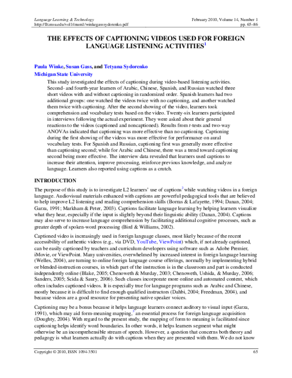 (PDF) The Effects of Captioning Videos Used for Foreign Language ...