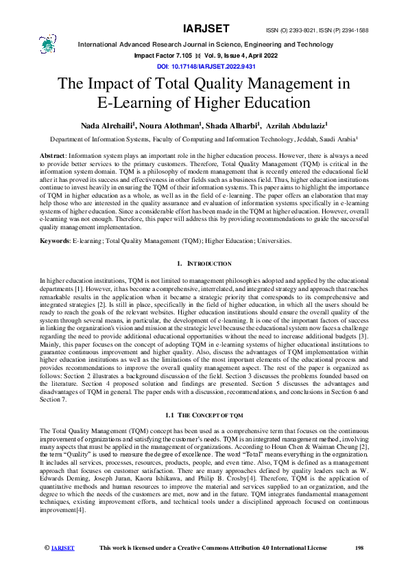 (PDF) The Impact of Total Quality Management in E-Learning of Higher ...