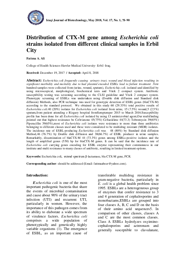 (PDF) Distribution of CTX-M gene among Escherichia coli strains ...