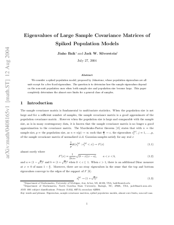 Pdf Eigenvalues Of Large Sample Covariance Matrices Of Spiked