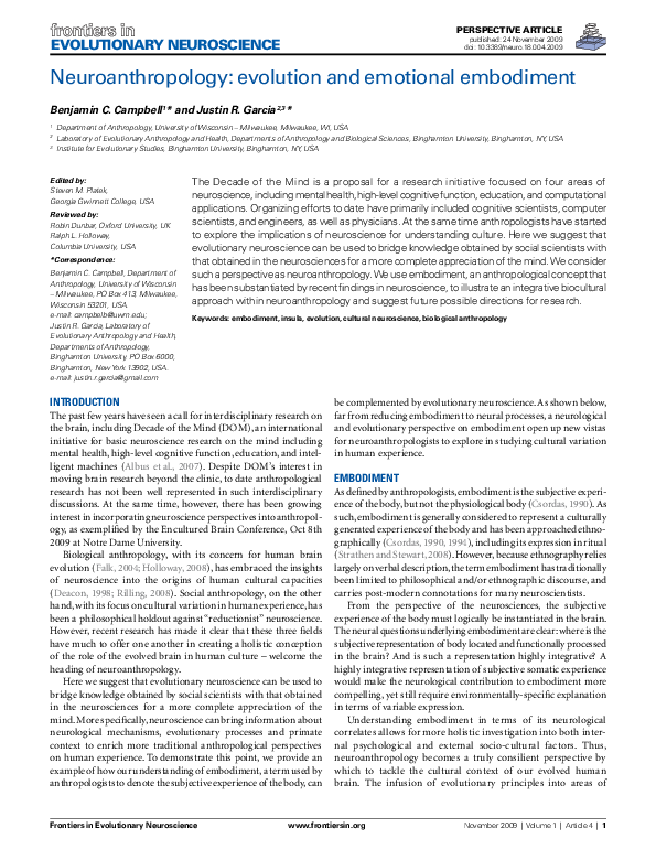 (PDF) Neuroanthropology: evolution and emotional embodiment