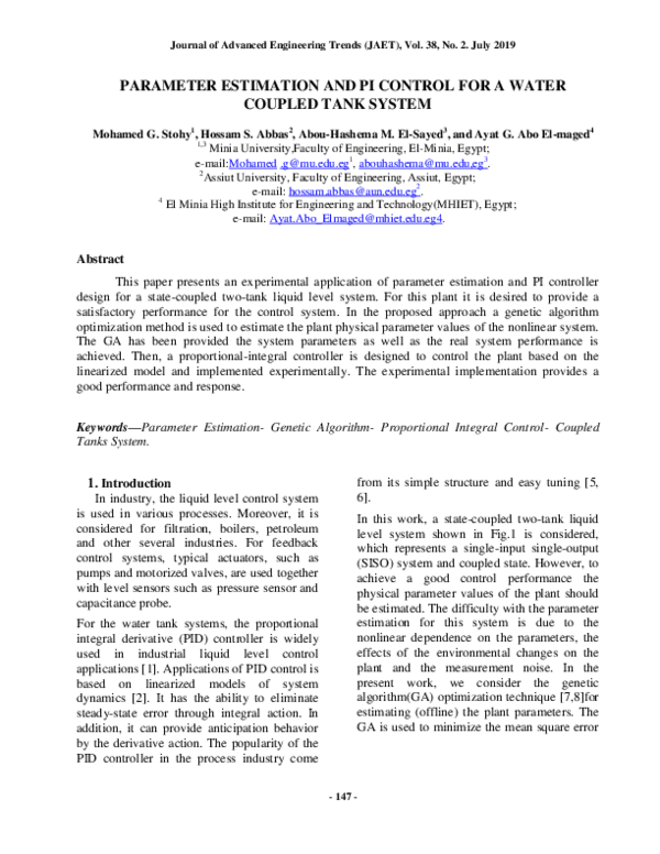 (PDF) Parameter Estimation and Pi Control for a Water Coupled Tank System