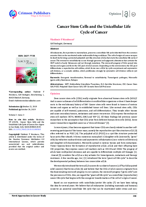 (PDF) Cancer Stem Cells and the Unicellular Life Cycle of Cancer